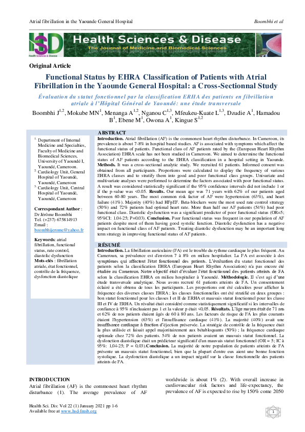 (PDF) Functional Status by EHRA Classification of Patients with Atrial ...