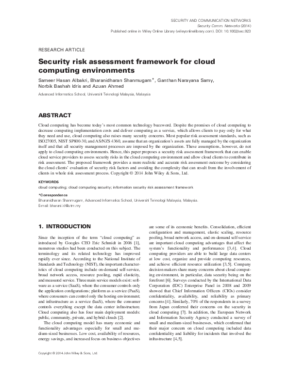 (PDF) Security risk assessment framework for cloud computing environments