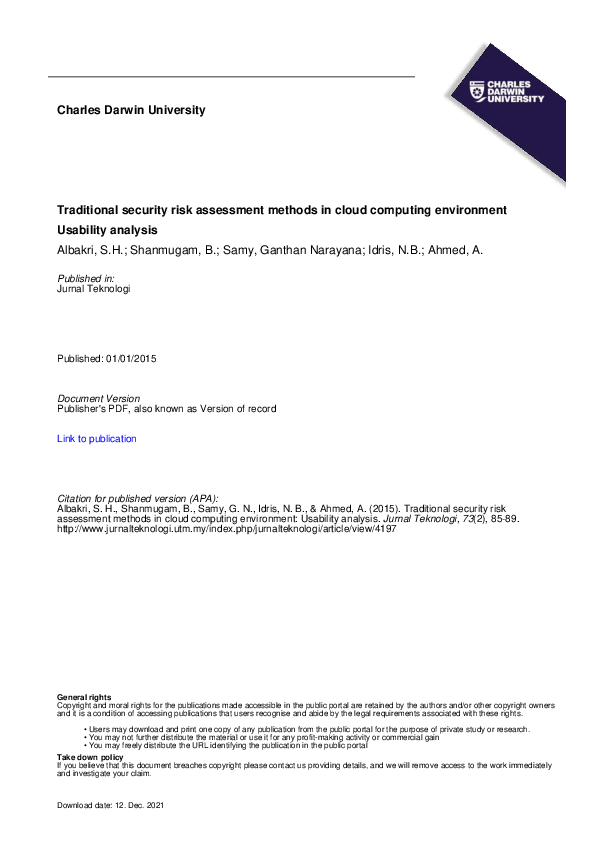(PDF) Traditional Security Risk Assessment Methods in Cloud Computing Environment: Usability ...