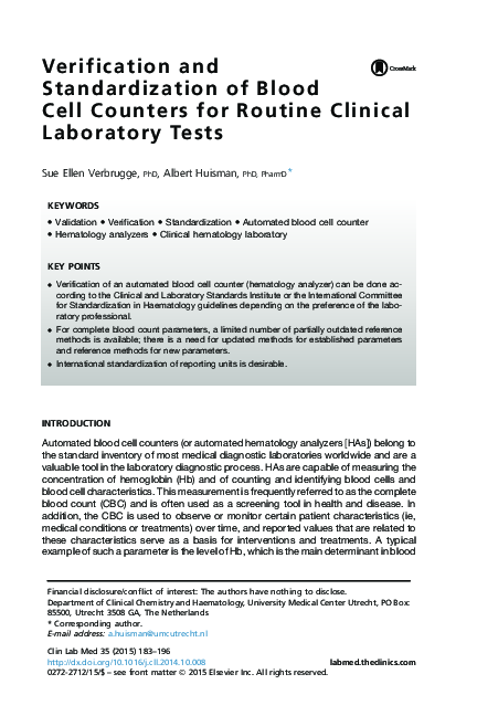 (PDF) Verification and Standardization of Blood Cell Counters for ...