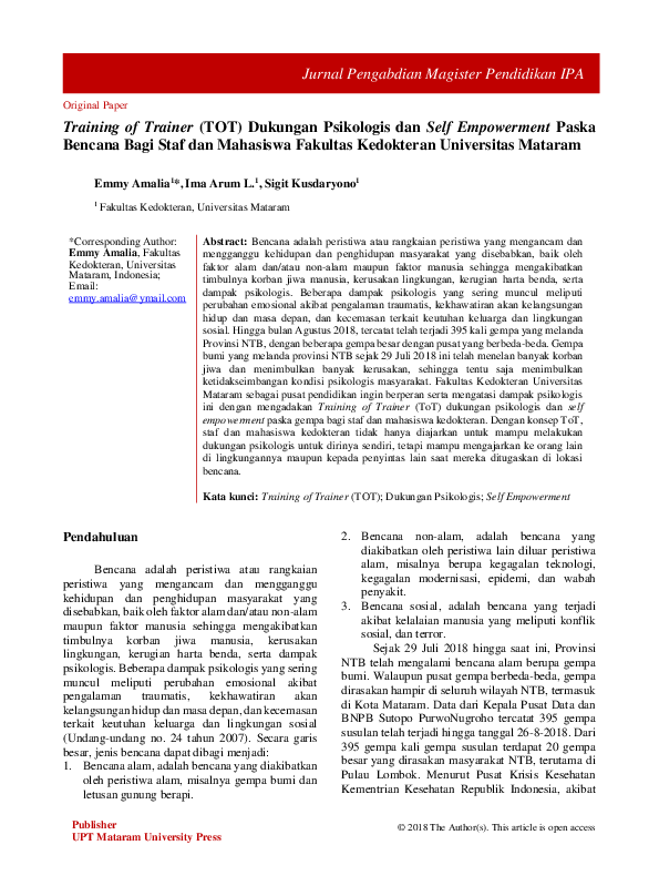 (PDF) Training of Trainer (TOT) Dukungan Psikologis dan Self Empowerment Paska Bencana Bagi Staf ...