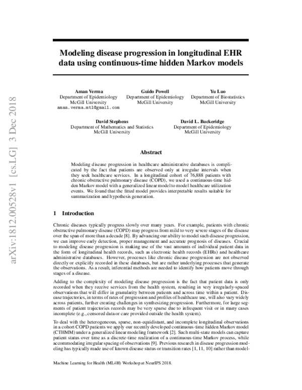 Pdf Modeling Disease Progression In Longitudinal Ehr Data Using Continuous Time Hidden Markov 