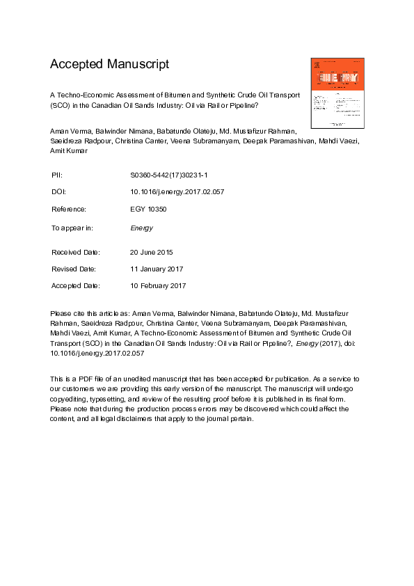 (PDF) A techno-economic assessment of bitumen and synthetic crude oil ...