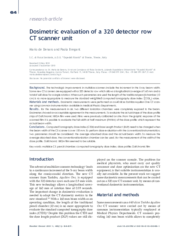 (PDF) Dosimetric evaluation of a 320 detector row CT scanner unit