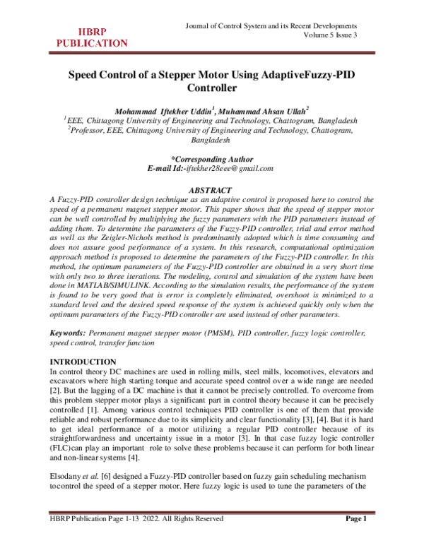 (PDF) Speed Control of a Stepper Motor Using Adaptive Fuzzy-PID Controller