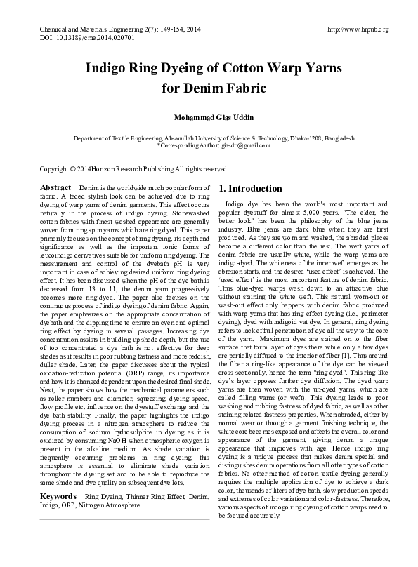 (PDF) Indigo Ring Dyeing of Cotton Warp Yarns for Denim Fabric