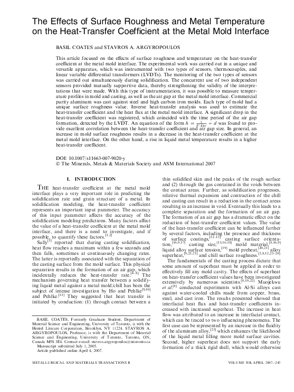 (PDF) The Effects of Surface Roughness and Metal Temperature on the ...