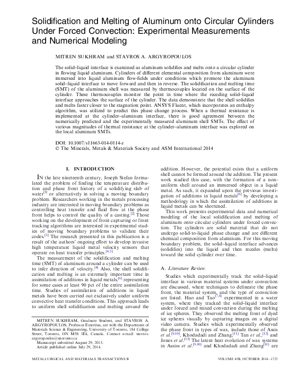 (PDF) Solidification and Melting of Aluminum onto Circular Cylinders ...
