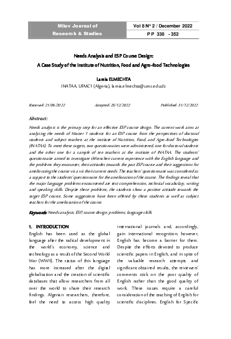 (PDF) Needs Analysis and ESP Course Design: A Case Study of the ...