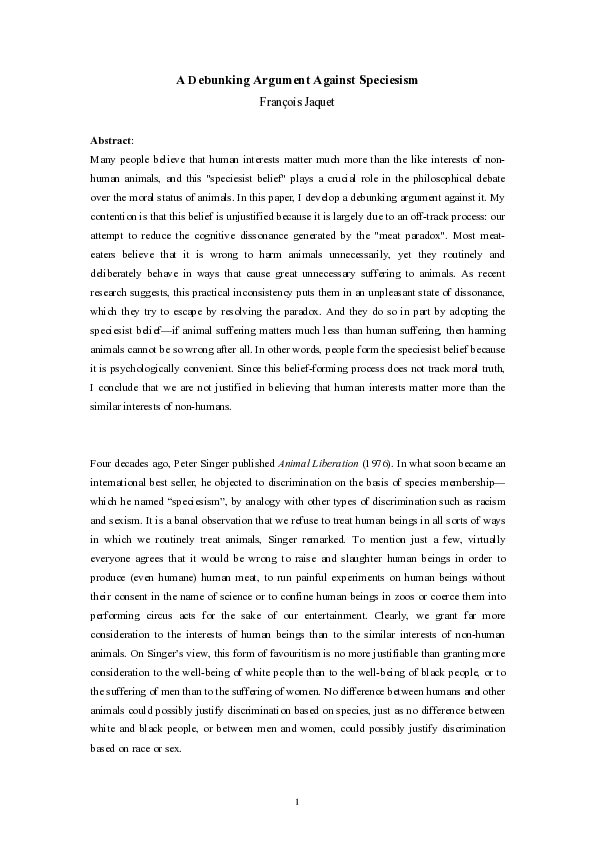(PDF) A debunking argument against speciesism