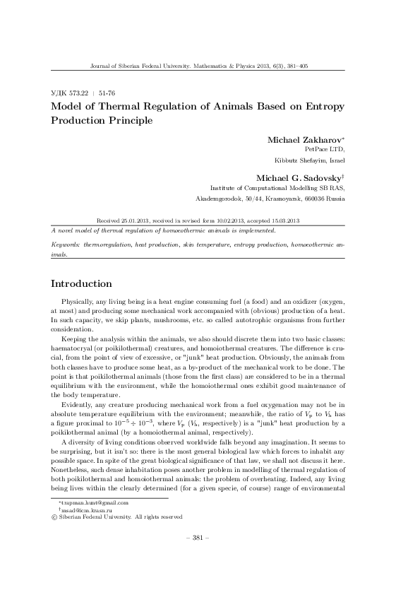 (PDF) Model of Thermal Regulation of Animals Based on Entropy ...