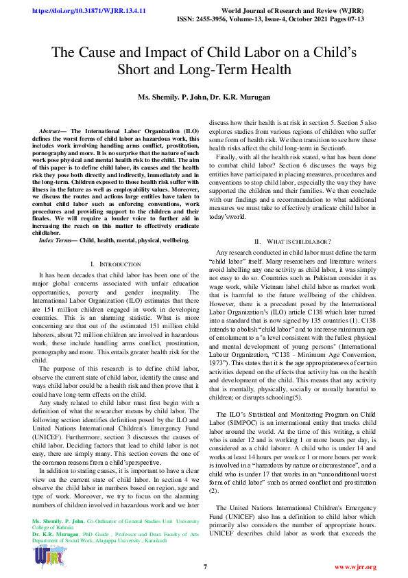 (PDF) The Cause and Impact of Child Labor on a Child’s Short and Long ...