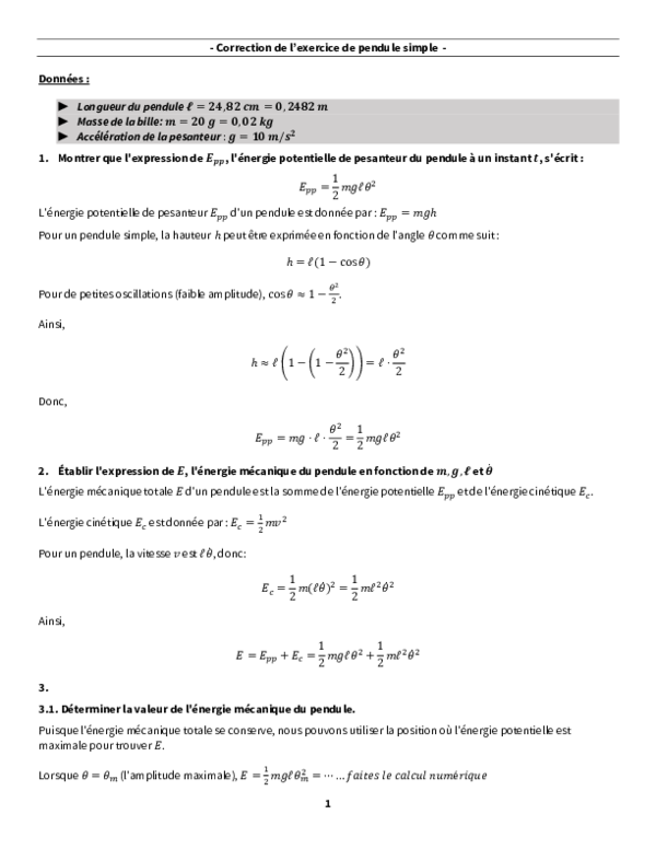(PDF) Pendule simple (Exercice corrigé), 2BAC PC, SVT, SM A et B, Pr. Karam Ouharou