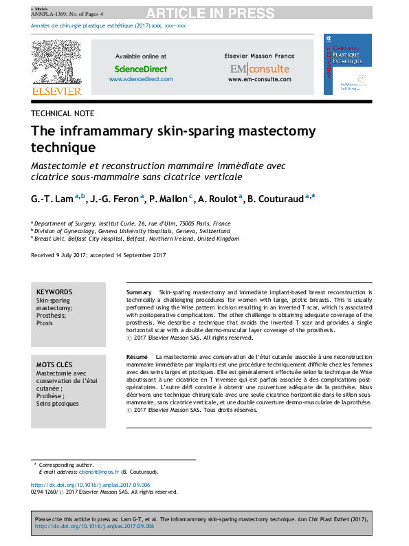 (PDF) The inframammary skin-sparing mastectomy technique