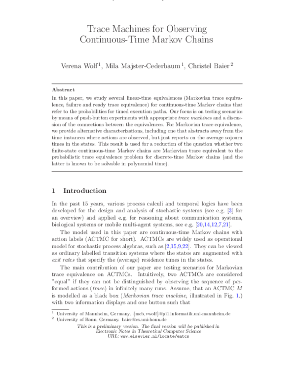 (PDF) Trace Machines for Observing Continuous-Time Markov Chains