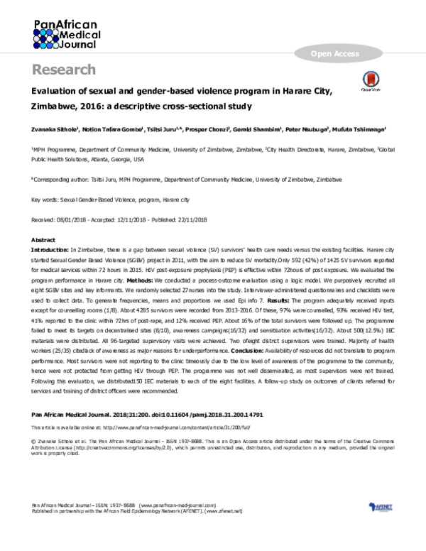 (PDF) Evaluation of sexual and gender-based violence program in Harare City, Zimbabwe, 2016: a ...