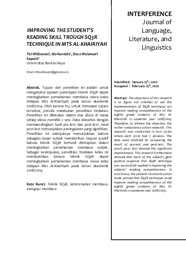 (PDF) Improving the Student’s Reading Skill Trough SQ3R Technique in MTS Al-Khairiyah