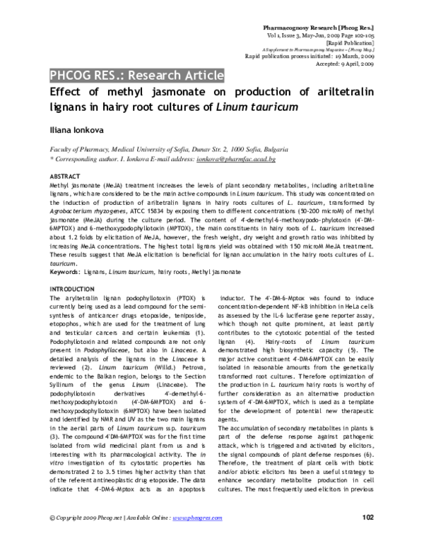 (PDF) Effect of methyl jasmonate on production of ariltetralin lignans ...