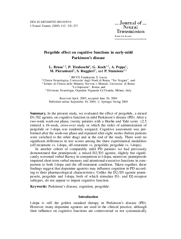 (PDF) Pergolide effect on cognitive functions in early-mild Parkinson?s ...