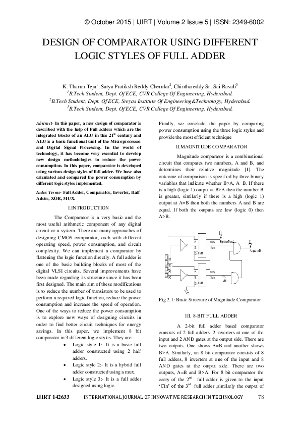 (PDF) Design of Comparator Using Different Logic Styles of Full Adder