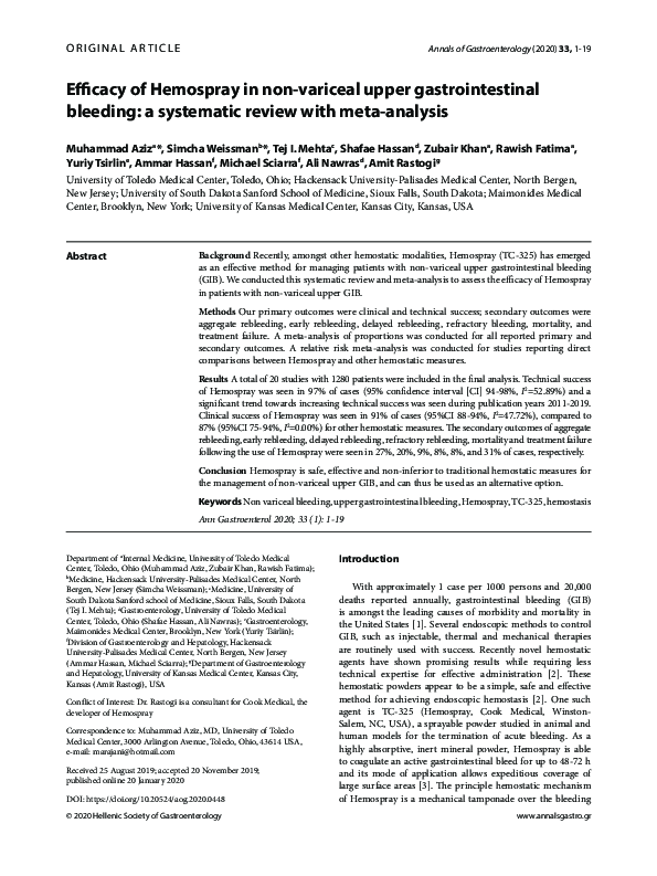(PDF) Efficacy of Hemospray in non-variceal upper gastrointestinal ...