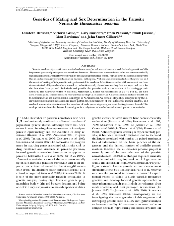 Pdf Genetics Of Mating And Sex Determination In The Parasitic Nematode Haemonchus Contortus