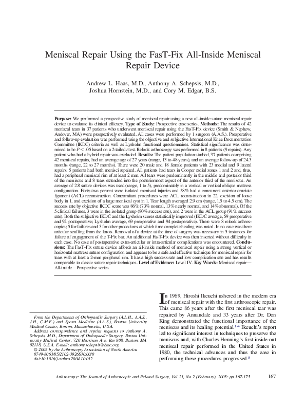 (PDF) Meniscal repair using the FasT-Fix all-inside meniscal repair ...