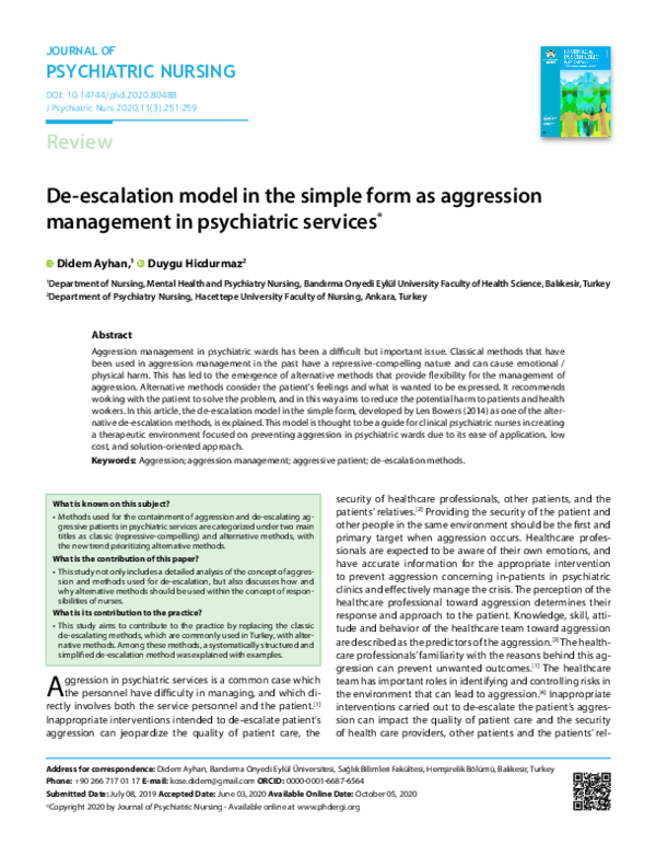 (PDF) De-Escalation Model in The Simple Form as an Aggression Management in Psychiatric Services