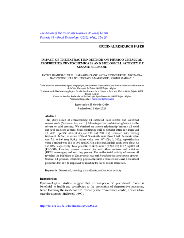 (PDF) Impact of the extraction method on physico-chemical proprieties ...
