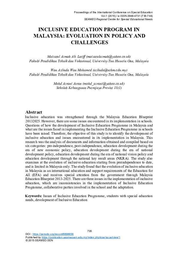 (PDF) Inclusive Education Program in Malaysia: Evoluation in Policy and Challenges