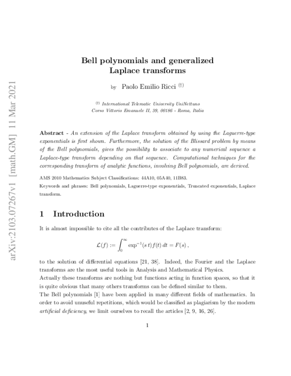 (PDF) Bell polynomials and generalized Laplace transforms