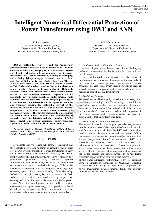 (PDF) Intelligent Numerical Differential Protection of Power Transformer using DWT and ANN | K ...
