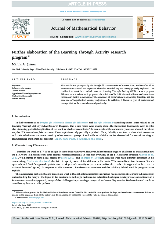 (PDF) Further elaboration of the Learning Through Activity research program