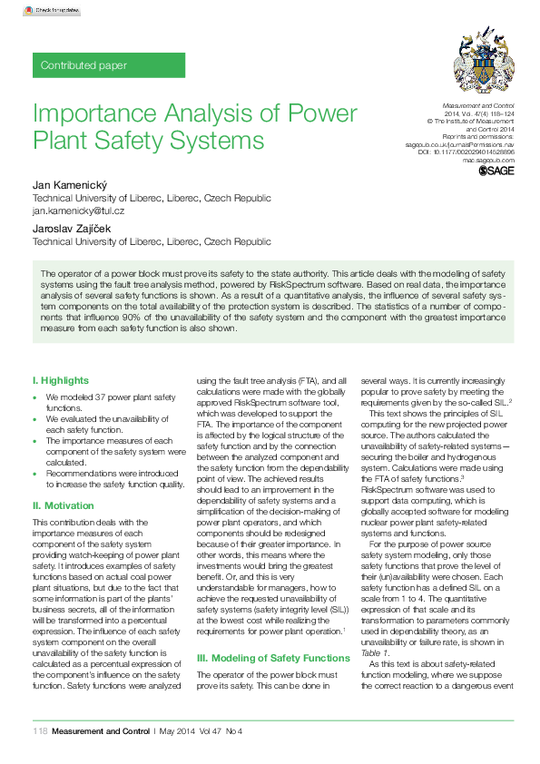 (PDF) Importance Analysis of Power Plant Safety Systems