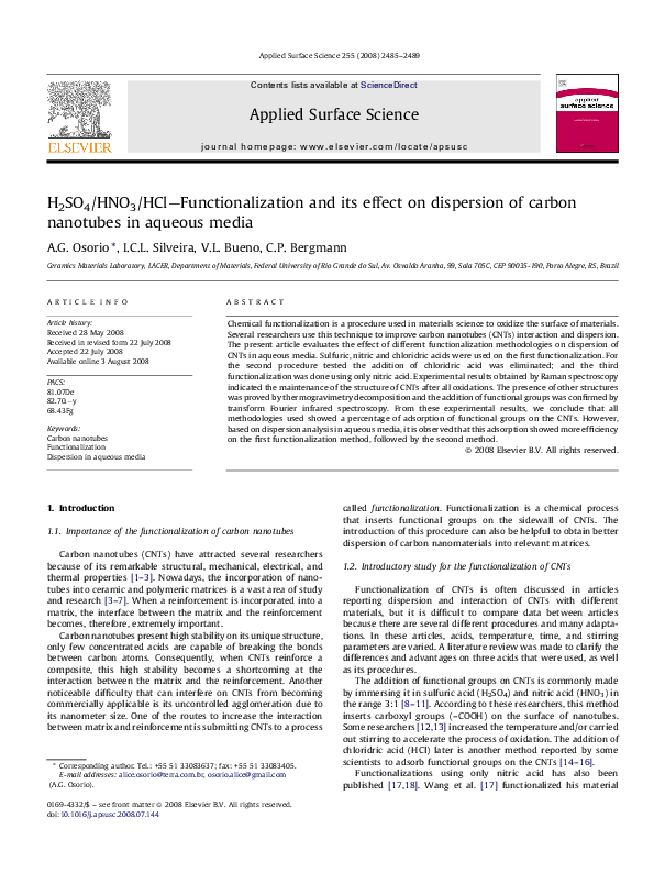(PDF) H2SO4/HNO3/HCl—Functionalization and its effect on dispersion of carbon nanotubes in ...