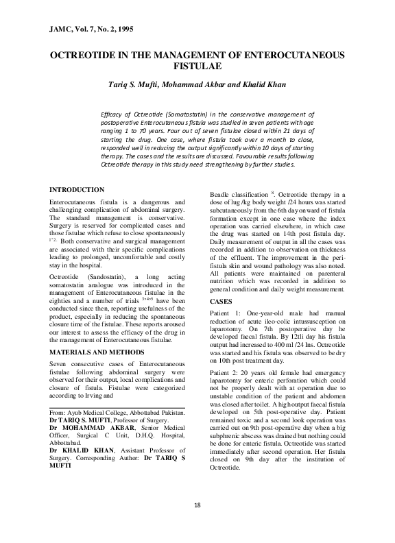 (PDF) Octreotide in the Management of Enterocutaneous Fistulae