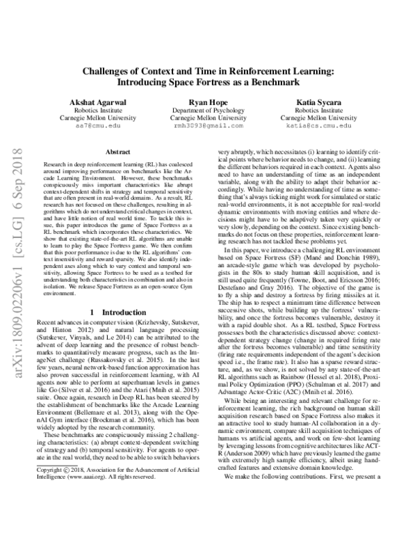 (PDF) Challenges of Context and Time in Reinforcement Learning: Introducing Space Fortress as a ...