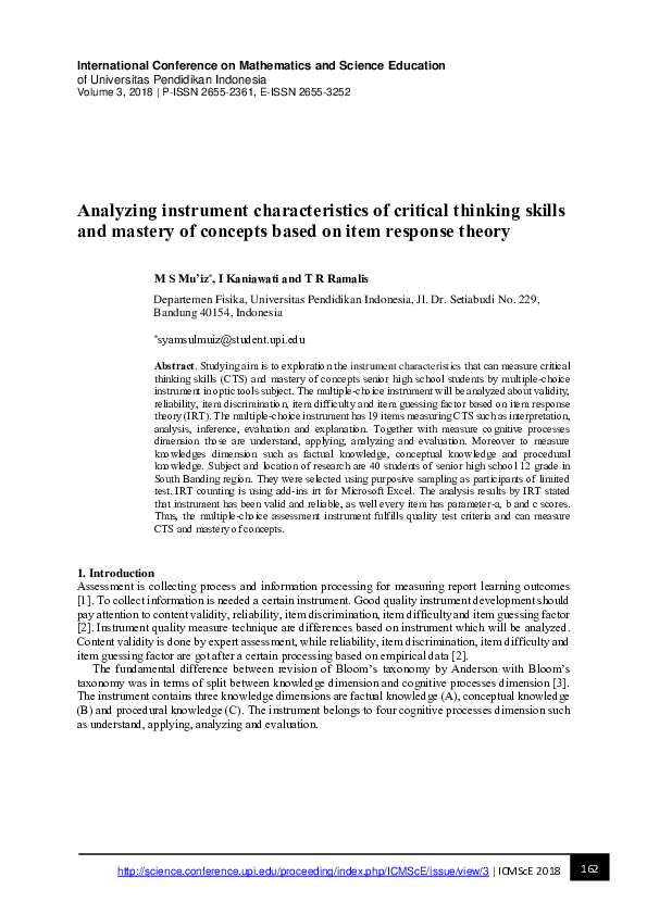 (PDF) Analyzing instrument characteristics of critical thinking skills and mastery of concepts ...