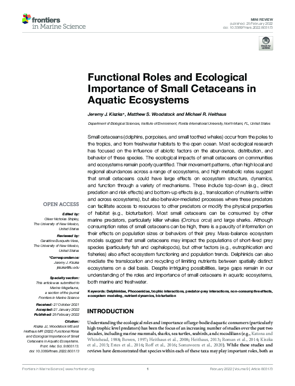 (PDF) Functional Roles and Ecological Importance of Small Cetaceans in ...