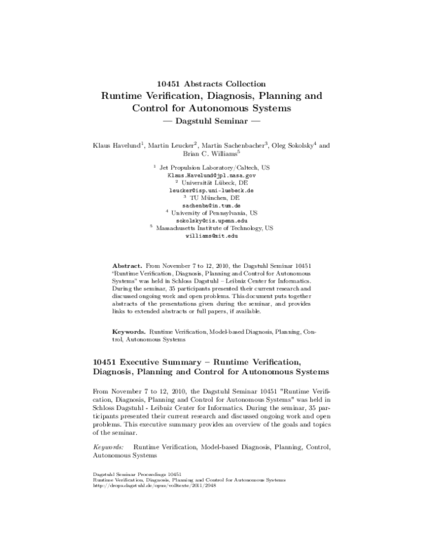 (PDF) 10451 Abstracts Collection - Runtime Verification, Diagnosis, Planning and Control for ...