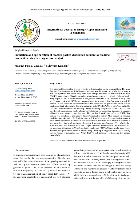 Pdf Simulation And Optimization Of Reactive Packed Distillation Column For Biodiesel