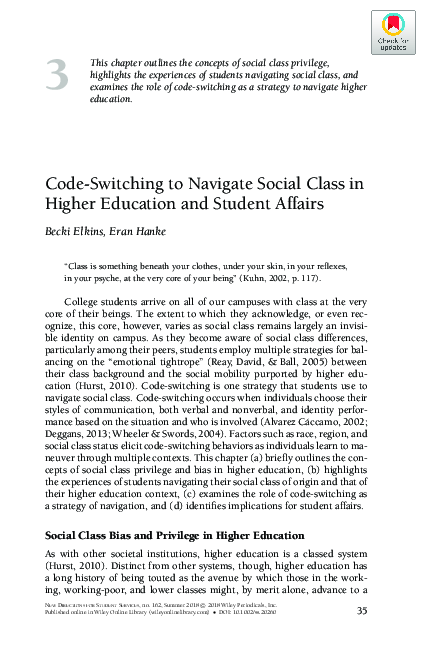 (PDF) Code-Switching to Navigate Social Class in Higher Education and Student Affairs