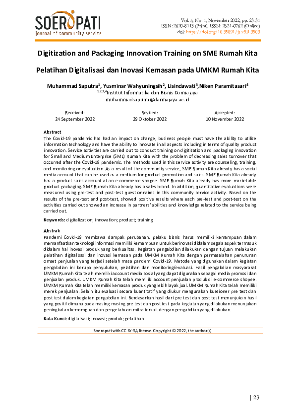 (PDF) Digitization and Packaging Innovation Training on SME Rumah Kita