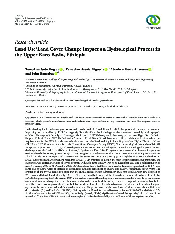 (PDF) Land Use/Land Cover Change Impact on Hydrological Process in the Upper Baro Basin, Ethiopia