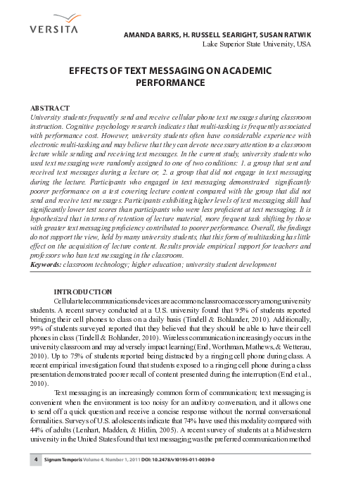 (PDF) Effects of Text Messaging on Academic Performance