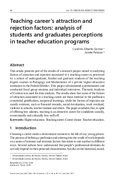 (PDF) Teaching career’s attraction and rejection factors: analysis of ...