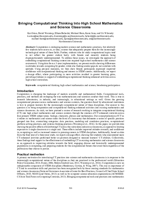 Pdf Bringing Computational Thinking Into The High School Science And Math Classroom