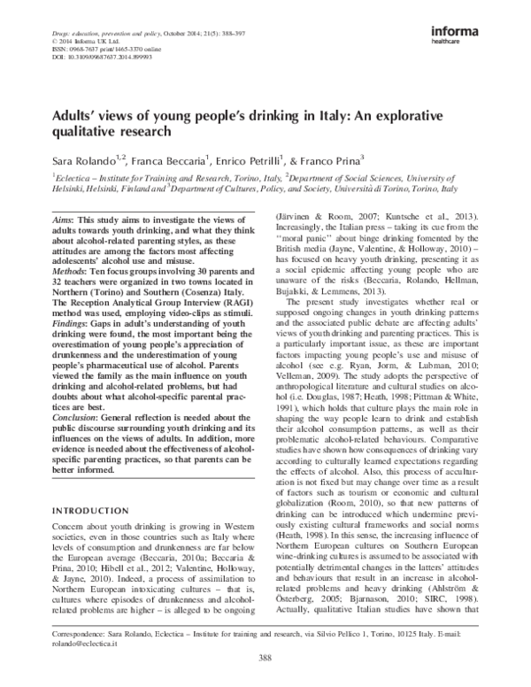 (PDF) Adults’ views of young people's drinking in Italy: An explorative ...