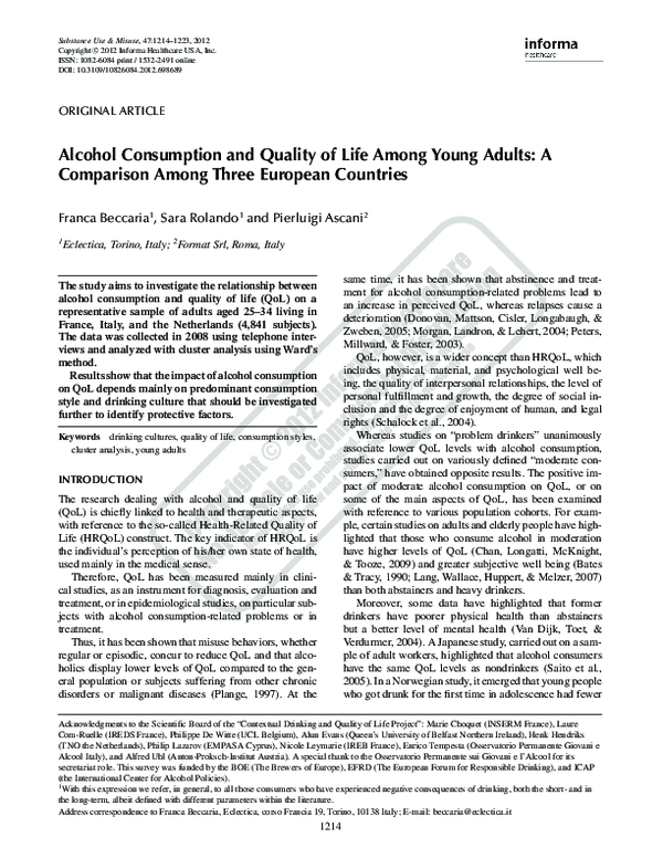 (PDF) Alcohol Consumption and Quality of Life Among Young Adults: A Comparison Among Three ...