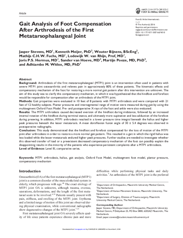 (PDF) Gait Analysis of Foot Compensation After Arthrodesis of the First ...